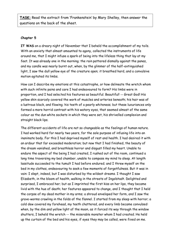 Reading Comprehension - Frankenstein Chapter 5 | Teaching Resources