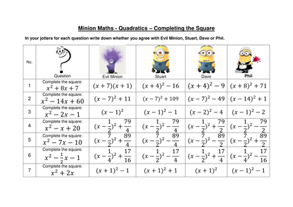 Minion Maths - Quadratics - Completing The Square by jcalderwood - UK ...