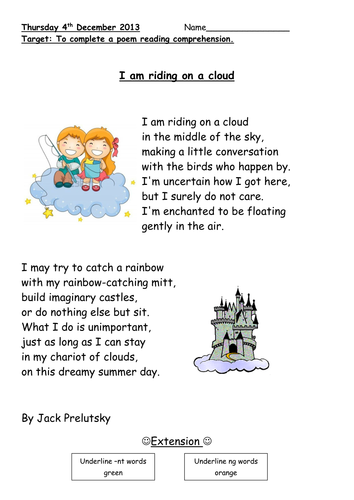 Floating on a cloud poem comprehension | Teaching Resources