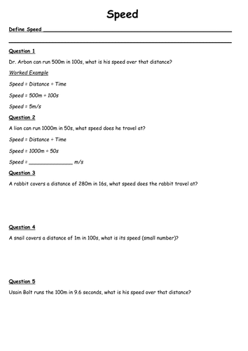 Speed Worksheets | Teaching Resources