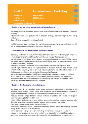 BTEC Level 3 Unit 3 - Introduction to Marketing | Teaching Resources