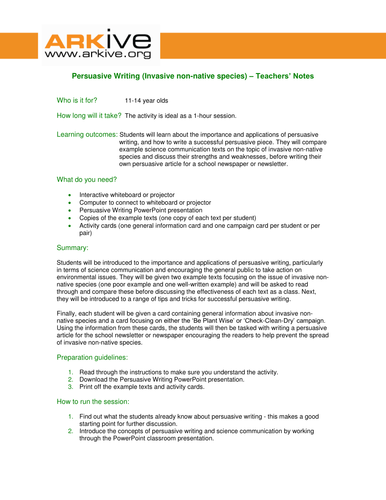 Persuasive Writing — Invasive Species | Teaching Resources