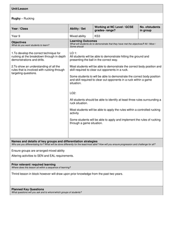 Yr 9 Rugby lesson plans | Teaching Resources