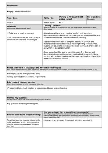 Yr 9 Rugby lesson plans | Teaching Resources
