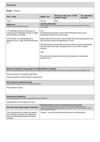 Yr 7 Rugby lesson plans | Teaching Resources