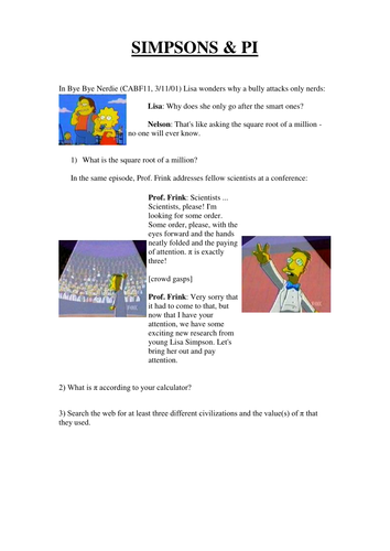 Maths & the Simpsons - Part 2 = Pi & 4 videos | Teaching Resources