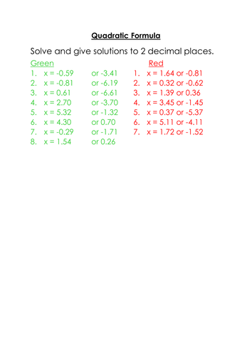 Quadratic Formula Solving Equations Grade A | Teaching Resources
