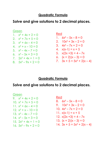 Quadratic Formula Solving Equations Grade A | Teaching Resources