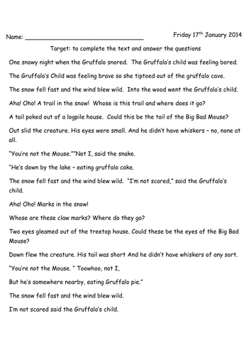 The Gruffalo's Child Comprehension Year 1 | Teaching Resources