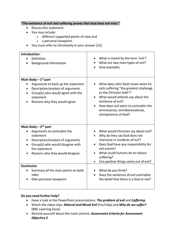 The existence of evil and suffering: Writing frame | Teaching Resources