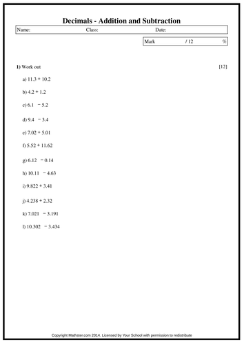 Decimals - Addition and Subtraction | Teaching Resources