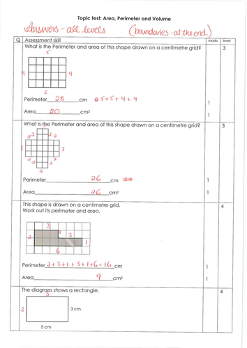 Area Perimeter Volume topic tests Level 2-7 | Teaching Resources