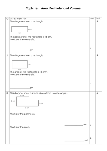 Area Perimeter Volume topic tests Level 2-7 | Teaching Resources