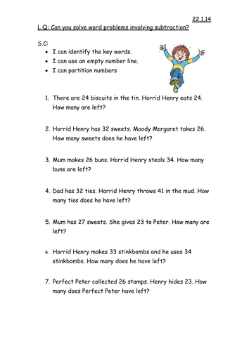 Horrid Henry Subtraction word problems | Teaching Resources