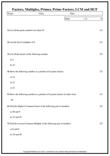 Factors, Multiples, Primes, Prime Factor, HCF, LCM | Teaching Resources