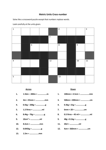 Metric & Imperial Units of Measurement Crossnumber | Teaching Resources