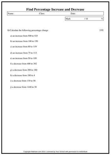 Percentage Increases and Decreases | Teaching Resources