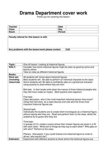 Cover/one off lessons of Drama | Teaching Resources