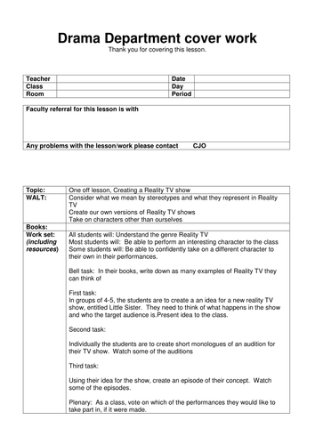 Cover/one off lessons of Drama | Teaching Resources