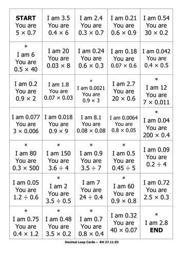 Loop Cards for multiplying and dividing Decimals | Teaching Resources