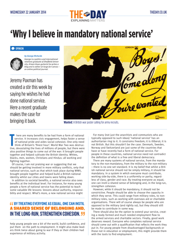 ‘Why I believe in mandatory national service’ | Teaching Resources