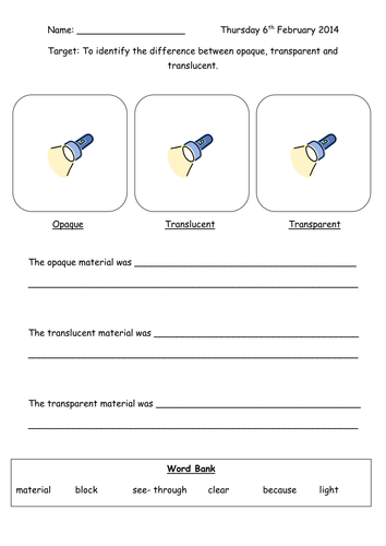 Translucent, Transparent and Opaque Experiment | Teaching Resources
