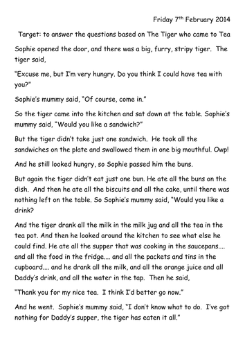 The Tiger Who Came to Tea Comprehension | Teaching Resources