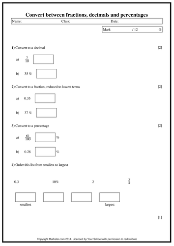 Convert between fractions, decimals and percentage | Teaching Resources