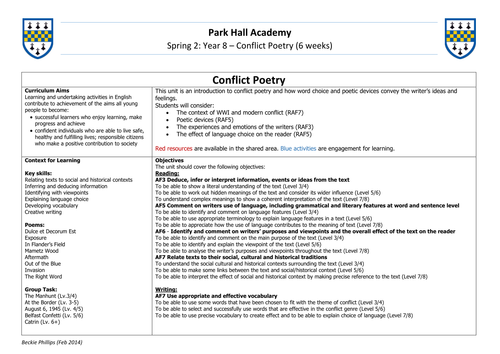 Conflict Poetry Yr8 SOW | Teaching Resources