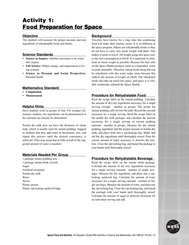 Food Preparation for Space Activity | Teaching Resources
