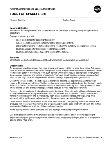 Food for Spaceflight Activity | Teaching Resources