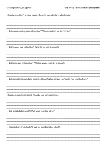 iGCSE Edexcel speaking practice Topic B | Teaching Resources
