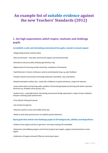 Example evidence for teaching standards & bullets | Teaching Resources