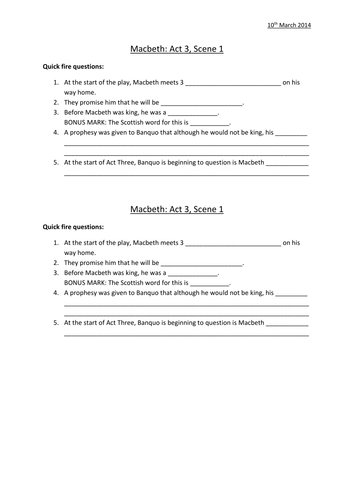 'Macbeth' Act 3, Scene 1 Worksheets | Teaching Resources
