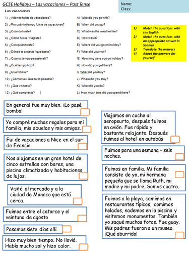 Past holidays Q&A Models Spanish GCSE | Teaching Resources