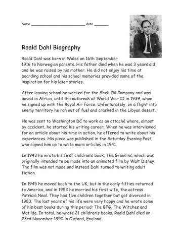 Roald Dahl biography | Teaching Resources