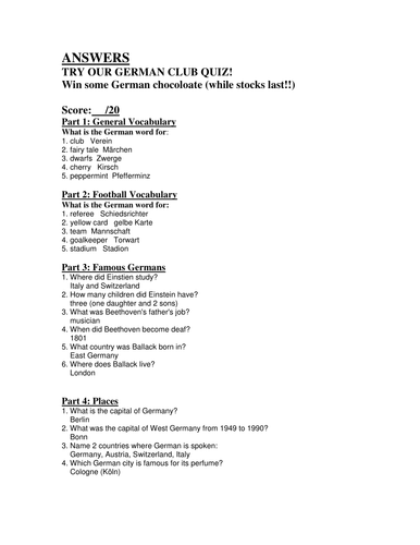 German Quiz for All updated October 2015 | Teaching Resources