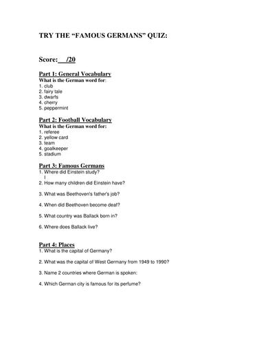 German Quiz for All updated October 2015 | Teaching Resources