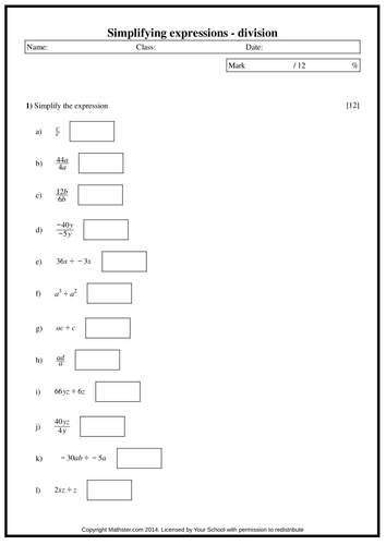 Simplifying Expressions - division | Teaching Resources