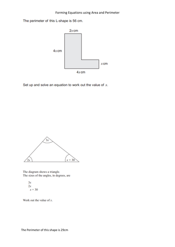 Forming Equations using perimeter and area | Teaching Resources