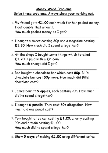 Money addition and subtraction problems. | Teaching Resources