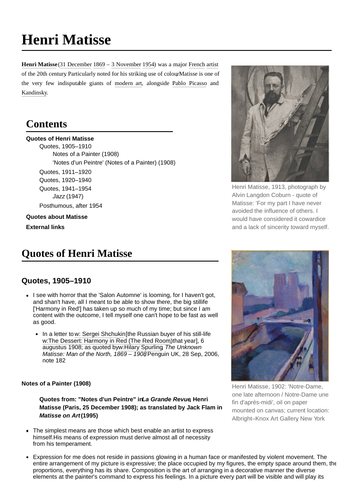 Henri Matisse in his artist quotes on painting, Fauvism & life - free ...