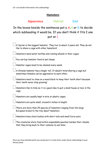 Non Chronological Subheading Sorter Teaching Resources 