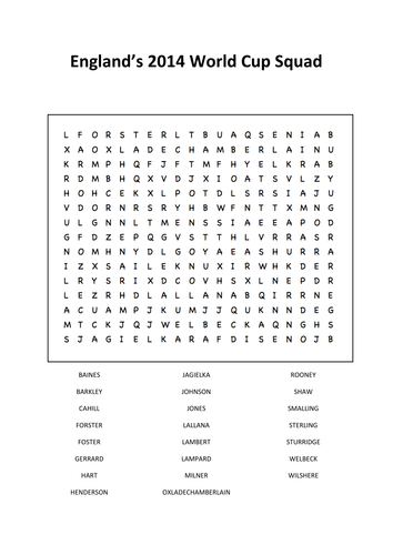 England's world cup squad wordsearch | Teaching Resources