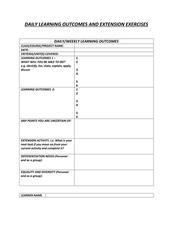 LEARNING OUTCOMES SHEET | Teaching Resources