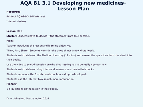 AQA-B1-3-Medicine and drugs | Teaching Resources