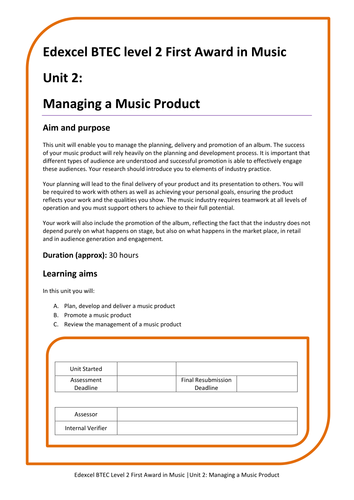 BTEC Music (New 2013 Spec) Unit 2 Assign Brief | Teaching Resources