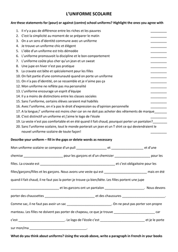 school uniform and rules in French | Teaching Resources