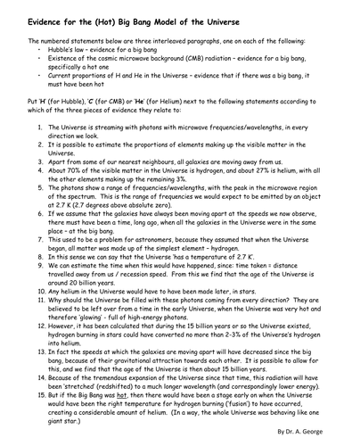 Evidence for Big Bang Model worksheet KS5 Physics | Teaching Resources