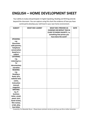 ENGLISH - HOME STUDY SHEET FOR STUDENTS | Teaching Resources